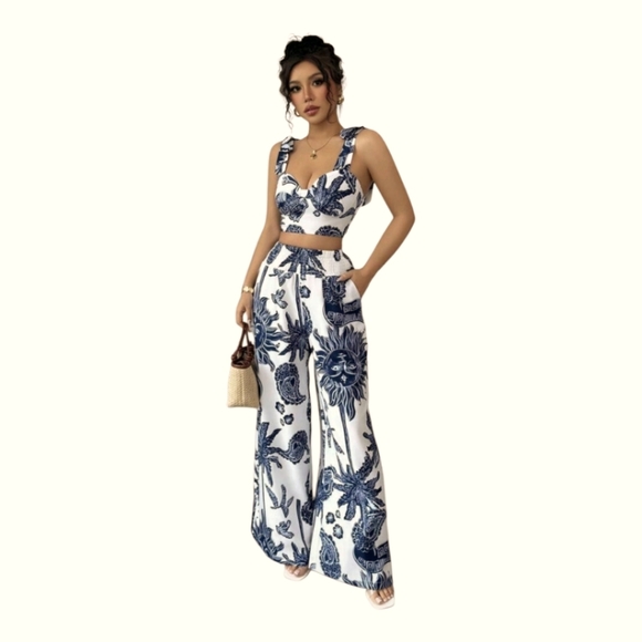 Amazon | Pants & Jumpsuits | Floral Blue And White 2 Piece Set | Poshmark